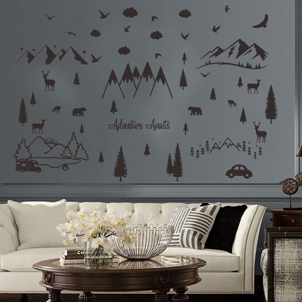 ANFRJJI Forest Theme Wall Decals - Dreamy Forest with Pine Tree, Deer, and Bears - Wild Mountain & Jungle RV Camping Wall Sticker - Adventure Awaits Wall Art | PVC Removable Wall Decals for Children's Room Decor effect 27"x38" Inches JWH206 (black RV camp