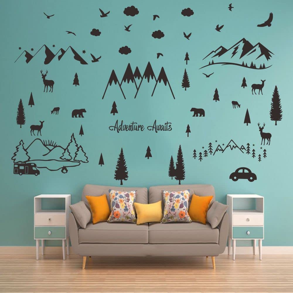 ANFRJJI Forest Theme Wall Decals - Dreamy Forest with Pine Tree, Deer, and Bears - Wild Mountain & Jungle RV Camping Wall Sticker - Adventure Awaits Wall Art | PVC Removable Wall Decals for Children's Room Decor effect 27"x38" Inches JWH206 (black RV camp