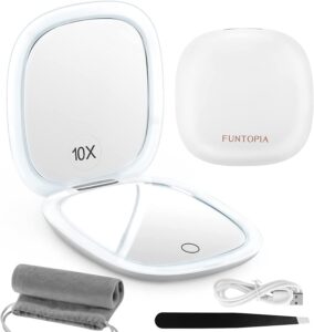 funtopia magnifying mirror with light, 1x/10x magnification compact mirror, dimmable double sided led lighted travel makeup mirror, portable for handbag, 3.9 inch, usb charging (white