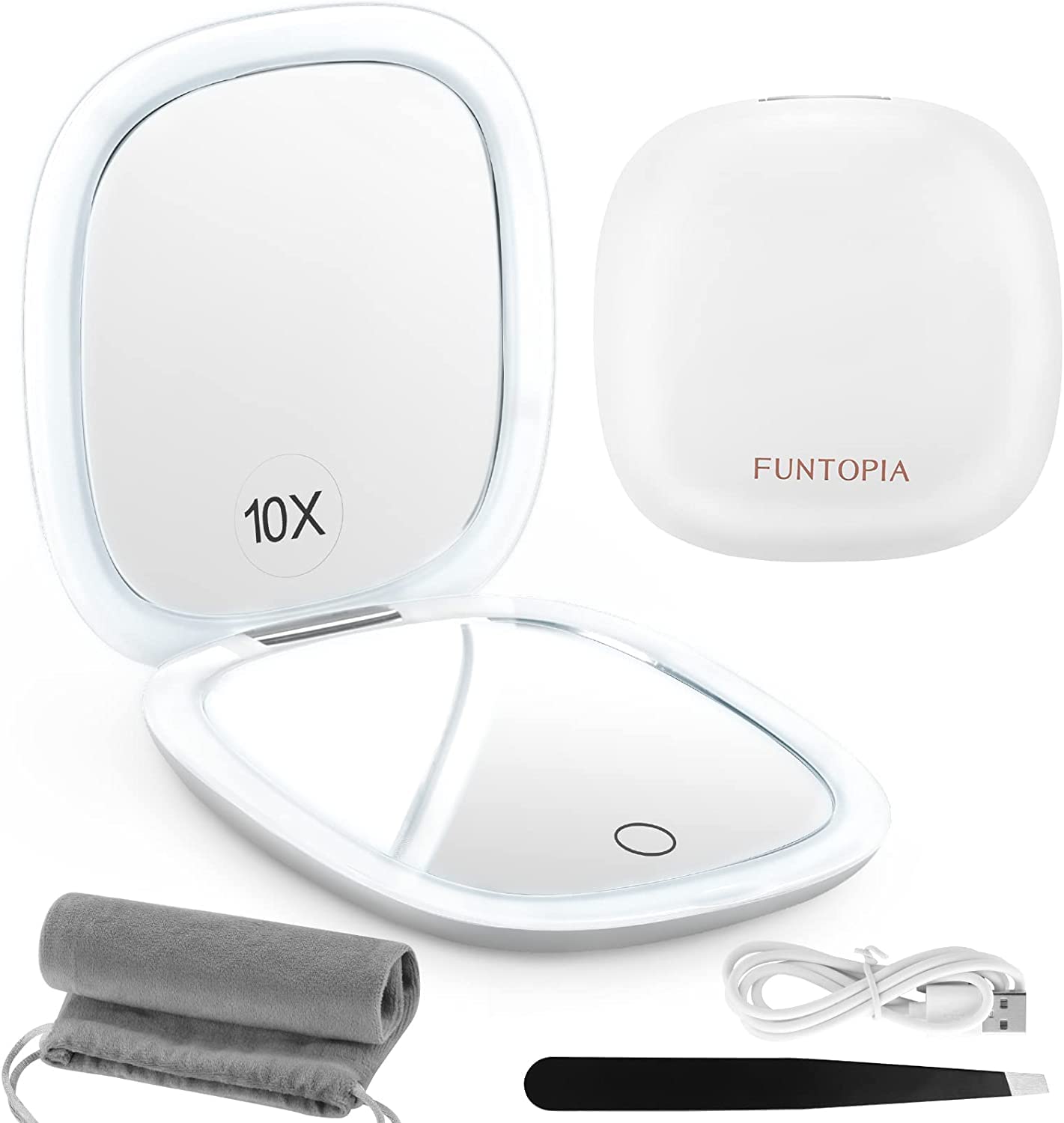 Funtopia Magnifying Mirror with Light, 1X/10X Magnification Compact Mirror, Dimmable Double Sided LED Lighted Travel Makeup Mirror, Portable for Handbag, 3.9 inch, USB Charging (White