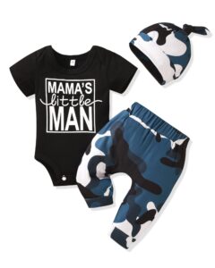 hiha preemie newborn baby boy clothes set short sleeeve romper camoflauge pants hat 3pcs mamas man outfit mamas little boy print (blue camo, preemie)