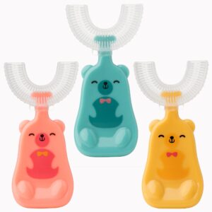 3 pack u-shaped toothbrush kids – 360 toddler toothbrush for kids age 2-8 years old – cute kids toothbrushes – silicone toothbrush with double-layered bristles for deep dental cleaning