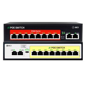 steamemo 8 poe ports switch + 8 port ai poe+ switch, 802.3af/at @ 100w built-in power, unmanaged poe switch, metal plug and play