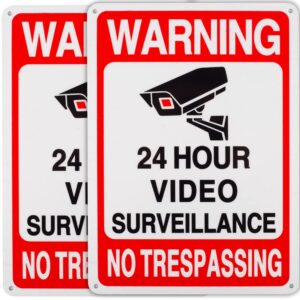 2-pack private property no trespassing sign, no trespassing aluminum warning sign, video surveillance signs outdoor, security camera sign for home, residential, business, warehouse, driveway alert, cctv, rust free aluminum 10 x 7 in(red)