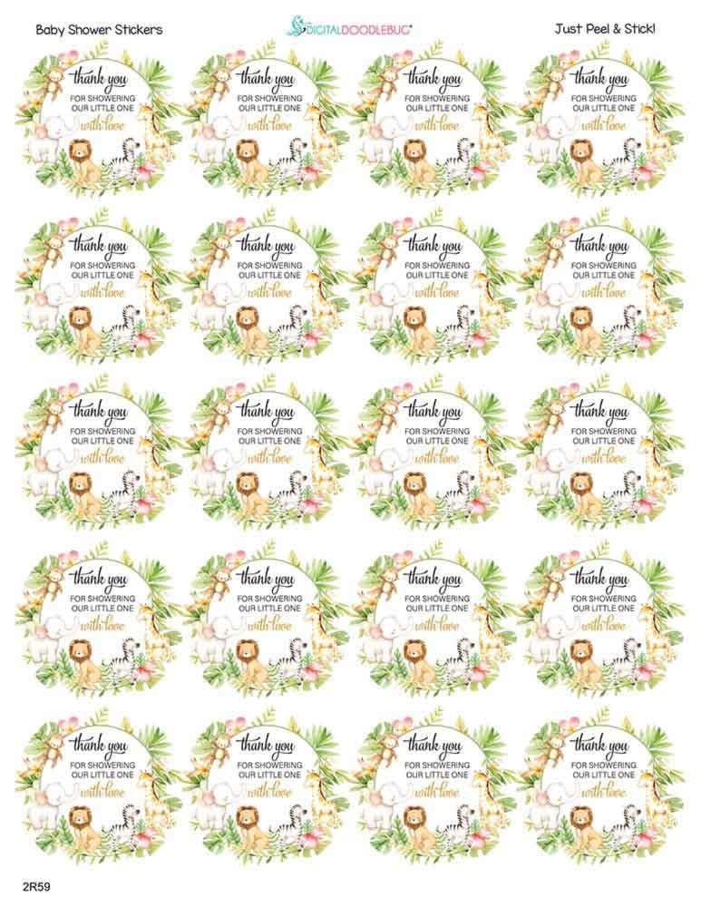 1.9 Inch Thank You Stickers Baby Shower Party Favors Safari Animals 60 Labels