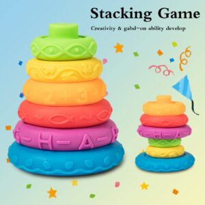 Jomyfant Stacking Nesting Circle Toy, 6 Pcs Soft Building Rings Stacker Teethers, Early Educational Learning Stacking Tower, Squeeze Building Blocks Sensory Toys for Boys Girls