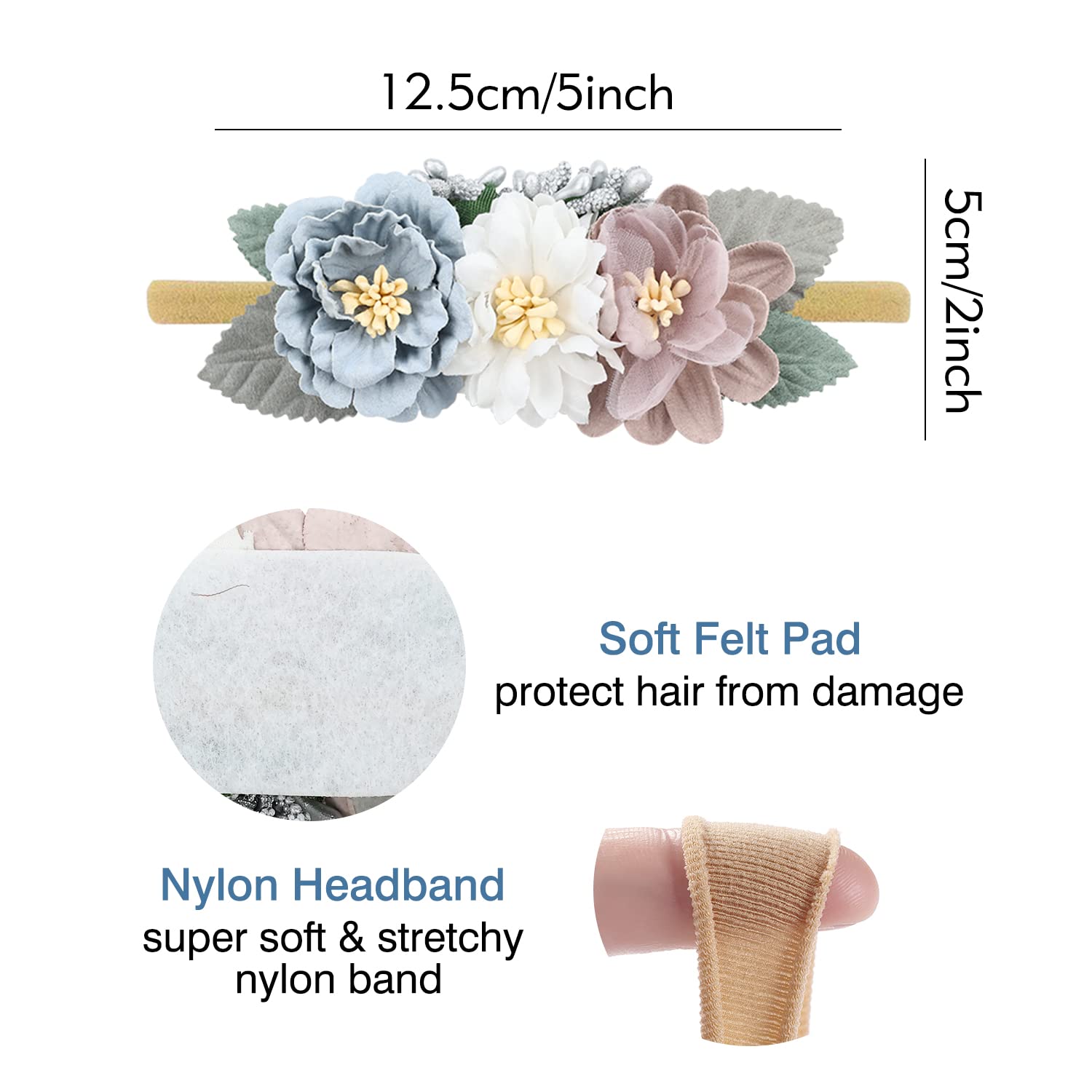 Cinaci 5 Pack Delicate Floral Flower Nylon Headbands Hair Bands Accessories for Baby Girls Newborns Infants Toddlers Kids (5 Pack S1)