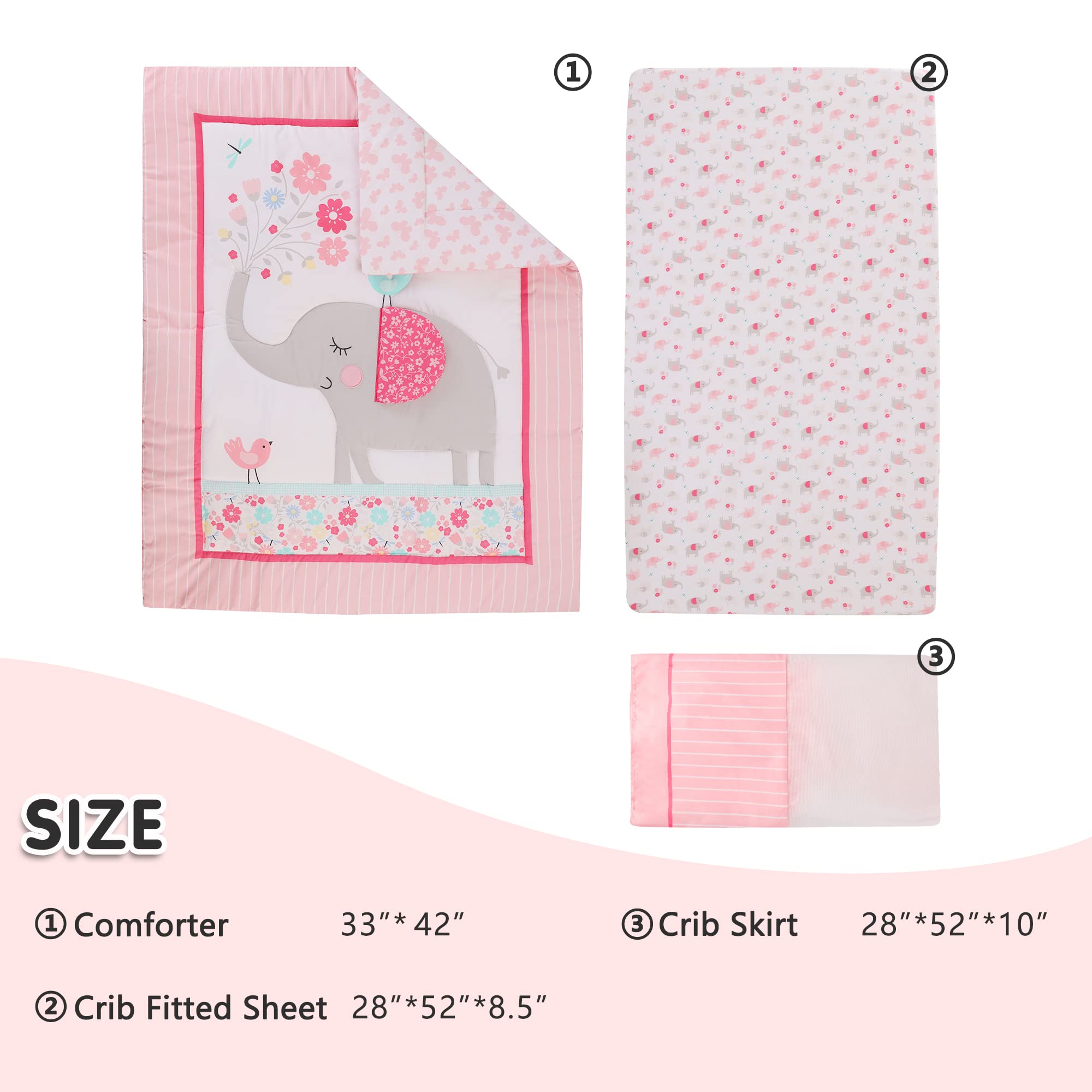 Honkaii Crib Bedding Set for Boys or Girls 3 Piece (3-Pink-Bella)