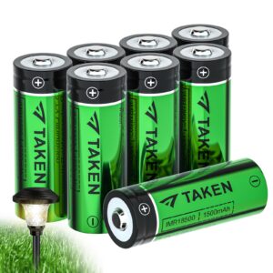 taken 18500 rechargeable batteries, 3.7v 1500mah li-ion imr 18500 battery with button top for flashlight, solar garden light - 8 pack