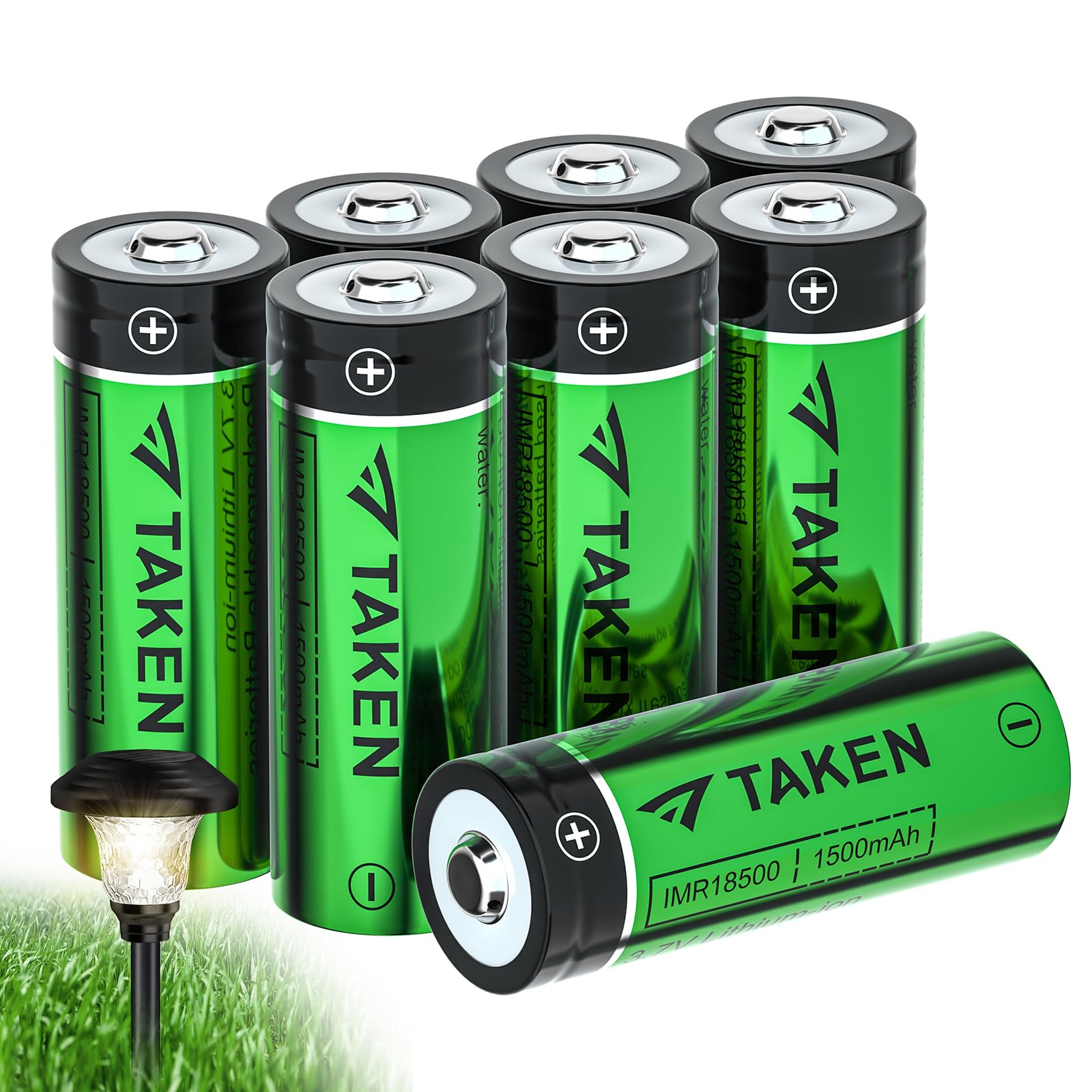 Taken 18500 Rechargeable Batteries, 3.7V 1500mAh Li-ion IMR 18500 Battery with Button Top for Flashlight, Solar Garden Light - 8 Pack