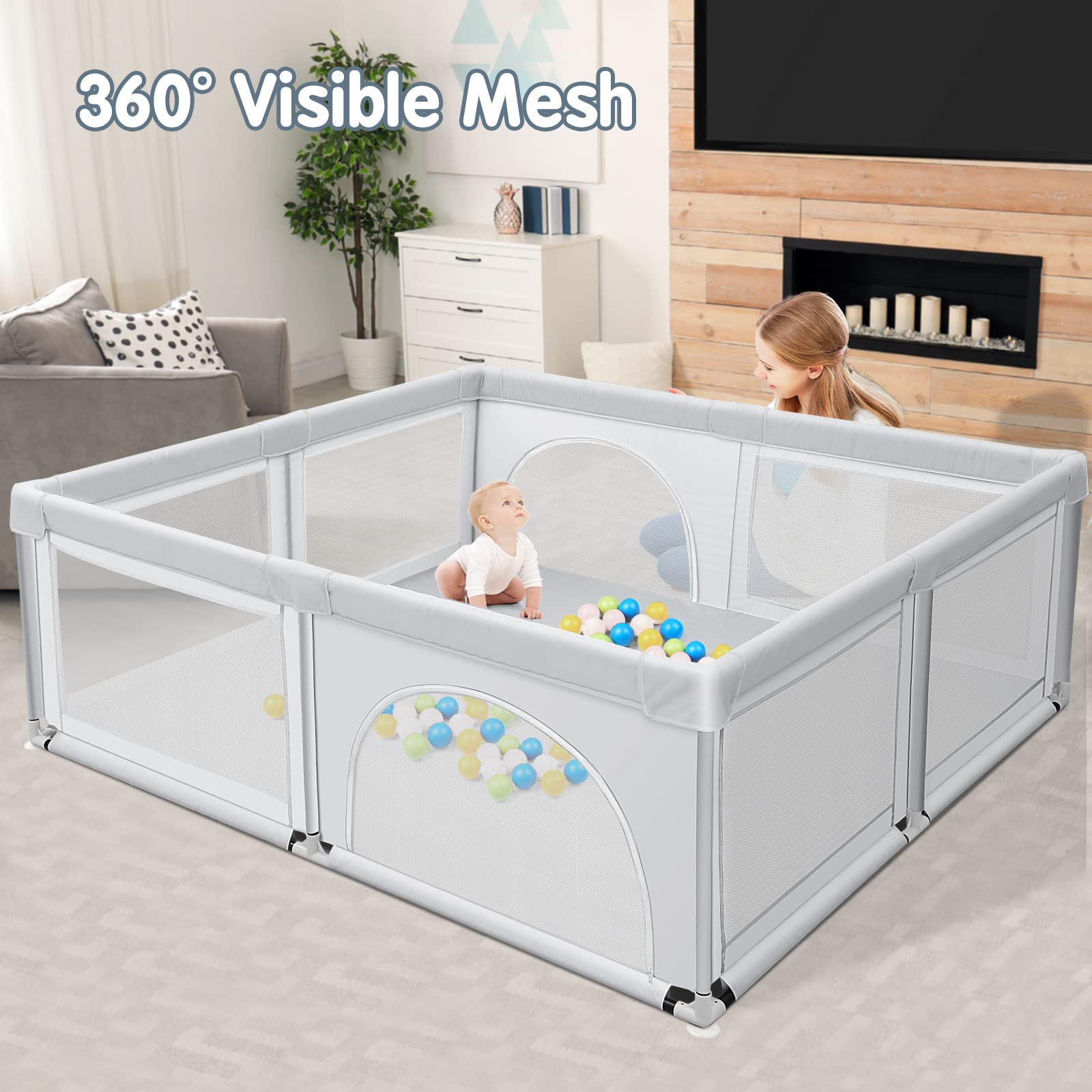 Baby Playpen, ALVOD 71x59'' Playpen for Toddler, Playpen for Babies with Gate, Baby Playard with Anti-Slip Sucker and Tear-Resistant Mesh, Indoor Outdoor Kids Activity Center, Sturdy Safety Baby Fence