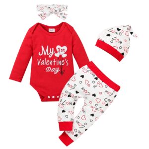 my 1st valentine outfits infant baby girl clothes newborn outfits ruffler floral pants bow headband hat 4pcs 3-6 months red