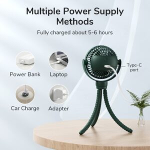 JISULIFE Mini Stroller Fan Clip-on for Baby, 4000mAh Portable Battery Operated or USB Rechargeable Fan with 4 Speeds, 360°Rotatable and Flexible Tripod for Handheld/Desk/Car Seat - Alpine Green