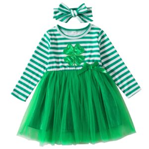 flower frail toddler baby girl st. patrick’s day outfit stripe tops shamrock green mesh dress skirt set with headband 12-18m