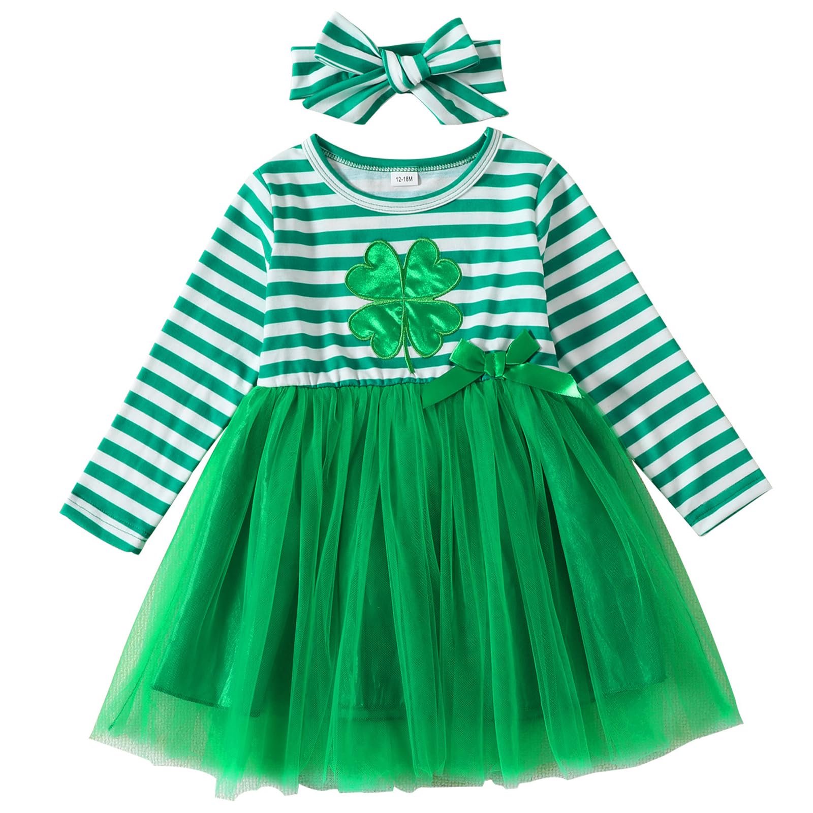 flower frail Toddler Baby Girl St. Patrick’s Day Outfit Stripe Tops Shamrock Green Mesh Dress Skirt Set with Headband 12-18M