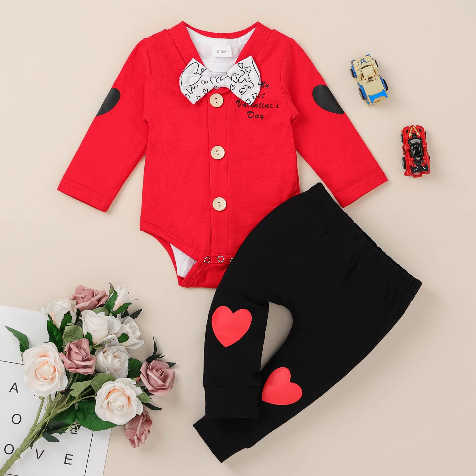 FOCICI Infant Baby Boy Clothes Valentines Day Outfit Spring Newborn Collar Romper Love Heart Pants Sets Red 3-6 Months