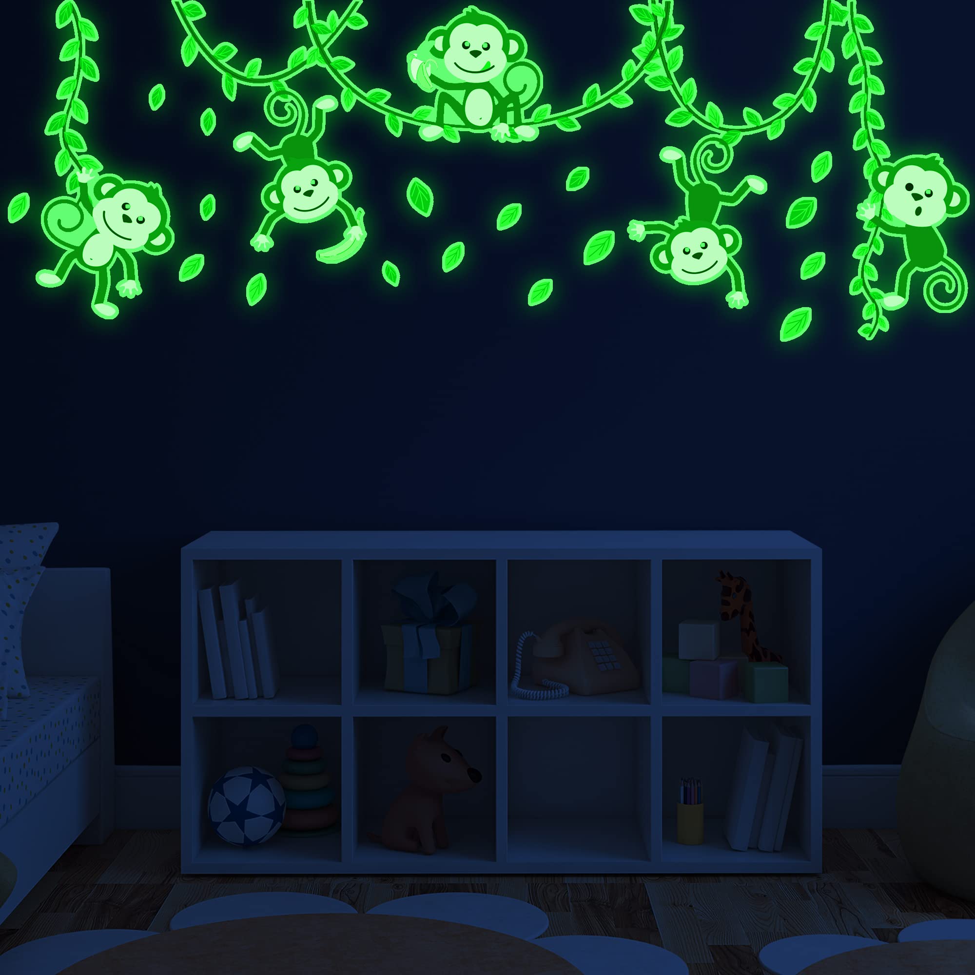 Glow in The Dark Monkey Wall Decals Jungle Tree Wall Decals Safari Removable Animals Wall Stickers Cartoon Zoo Decals Baby Nursery Kids Boys Girls Bedroom Playroom Daycare Safari Theme Wall Decor