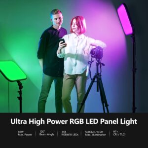 neewer 18.3" rgb led video panel light with app control, 2 pack stand kit, 360° full color/2500k~8500k/cri97+/17 scene effects, 60w rgb168 studio lights for youtube/game live streaming/photography