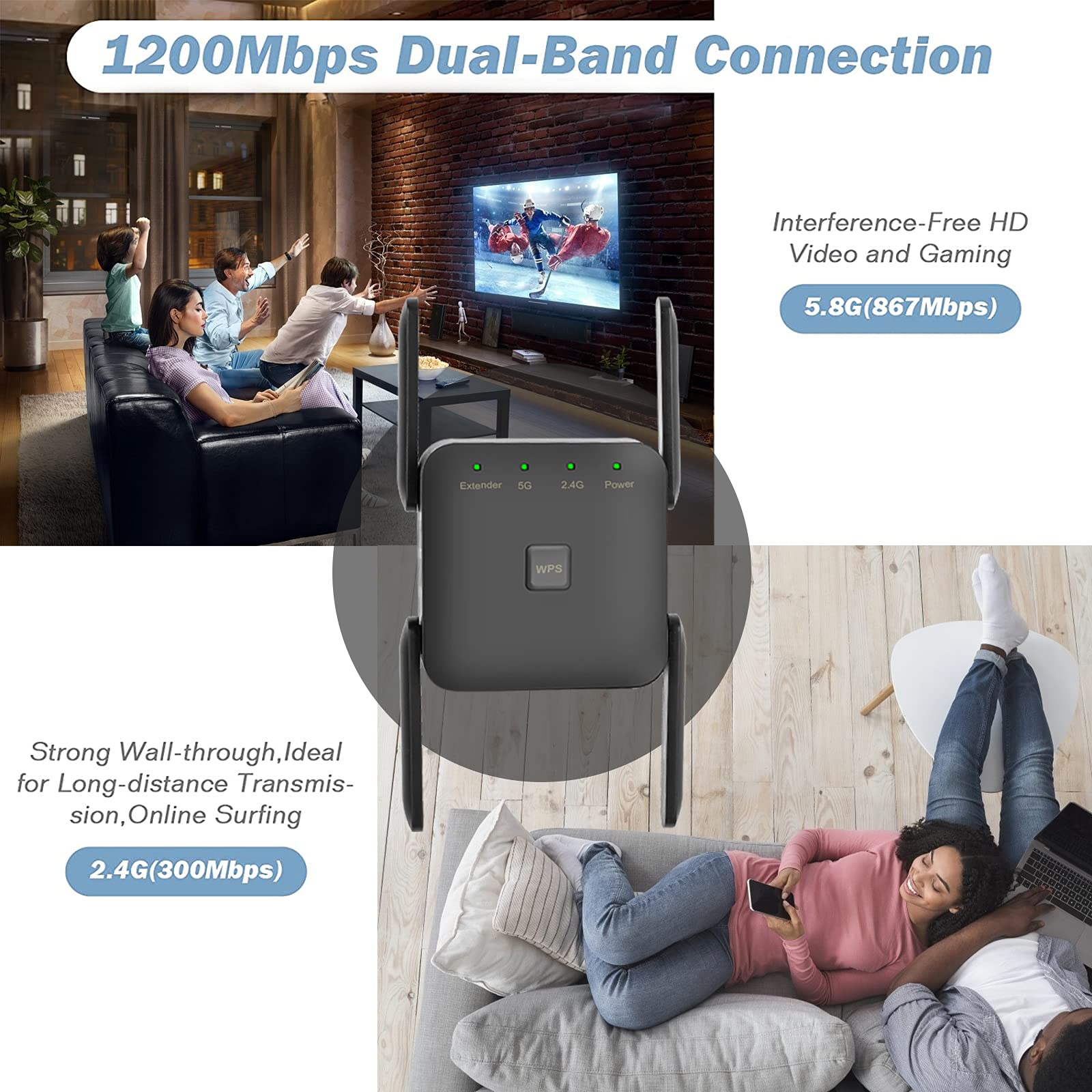 2023 Newest WiFi Extender, 1200Mbps WiFi Repeater, Mini WiFi Booster, Dual Band Internet Booster with Ethernet Port, WPS Button Quick Setup, Home Wireless Signal Booster Covers up to 3000Sq.ft