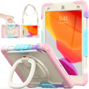 seymac stock shockproof case with pencil holder & screen protector [360 ring handle stand] tablet case for ipad 9th/8th/7th generation 10.2 inch (colorful pink)