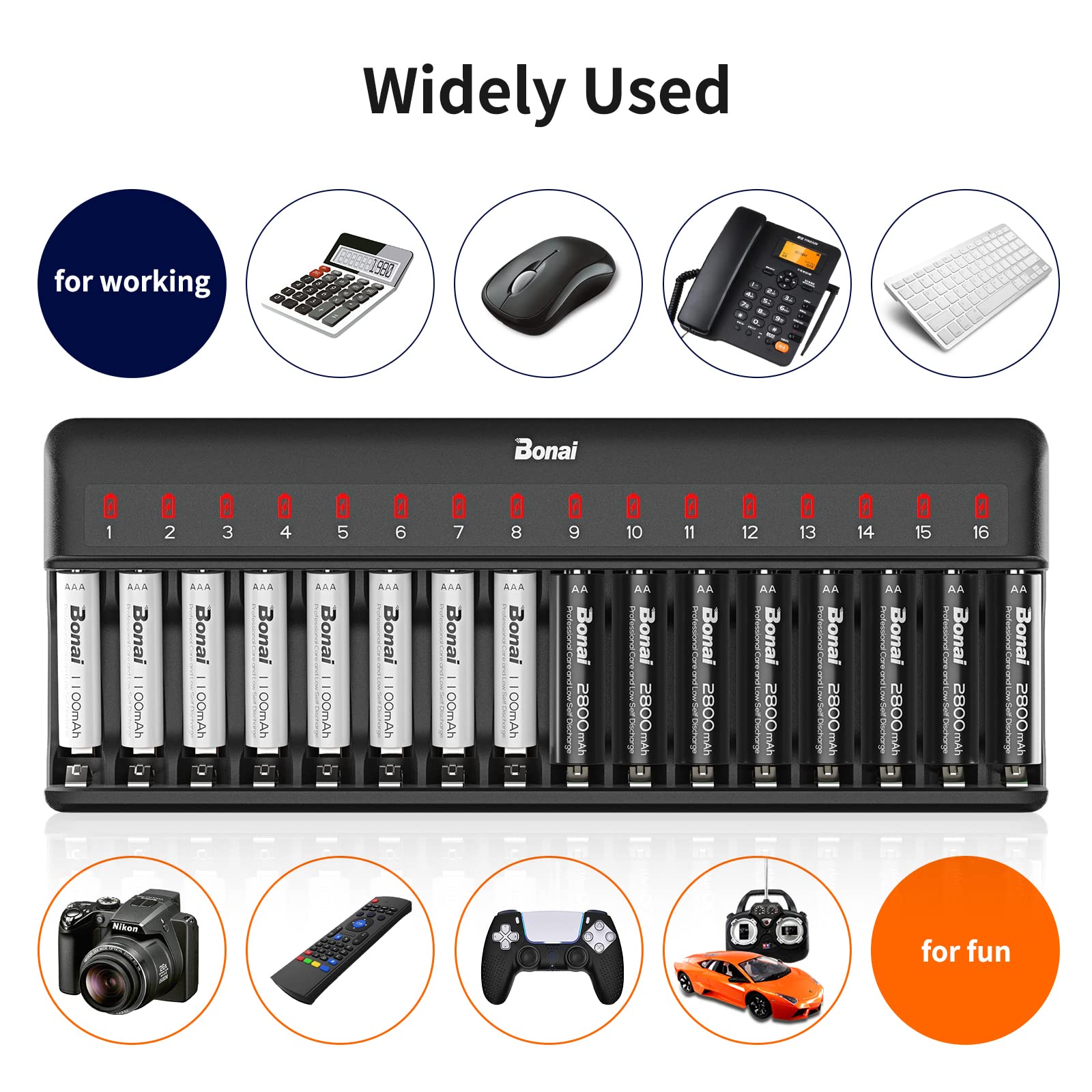 BONAI AA AAA Battery Charger 16 Bay for NiMH NiCD Rechargeable Batteries Independent Control with LED Light and Standard American AC Charging Plug, Battery not Included - Black