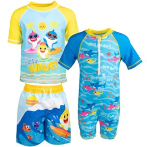 pinkfong baby shark baby boys 3 piece swimsuit set: sunsuit swim rash guard swim trunks 18 months