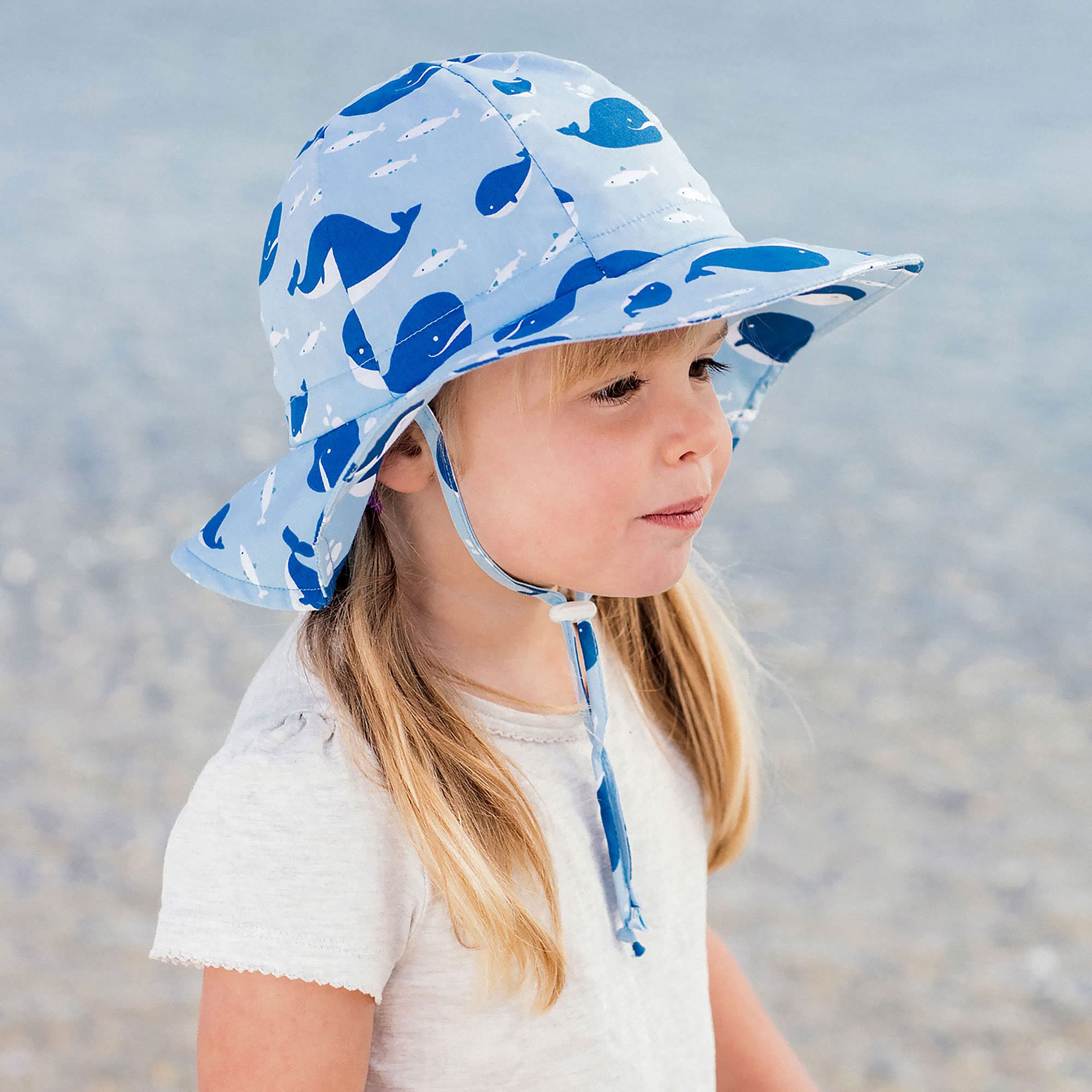 JAN & JUL Adjustable Foldable Toddler Boy UPF Sun-Hat, Breathable Cotton (M: 6-24 Months, Blue Whale)