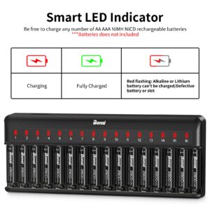 BONAI AA AAA Battery Charger 16 Bay for NiMH NiCD Rechargeable Batteries Independent Control with LED Light and Standard American AC Charging Plug, Battery not Included - Black