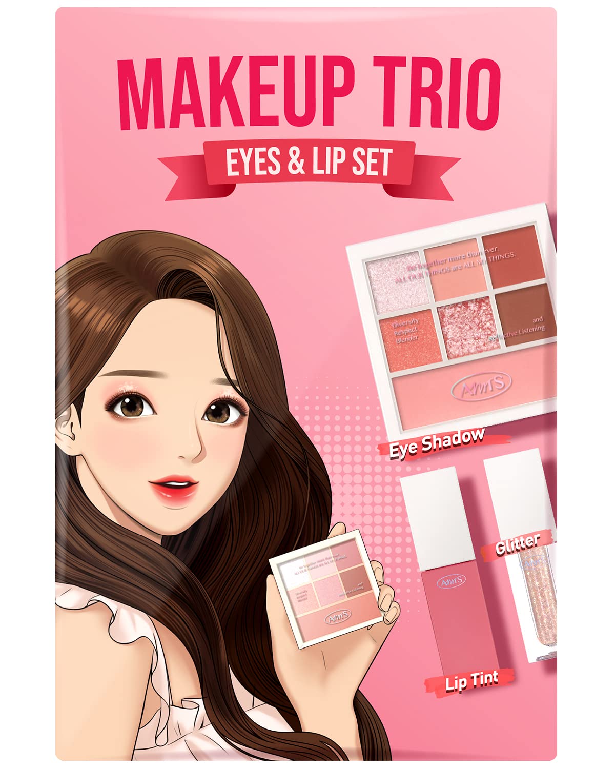 AMTS x True Beauty Makeup Edition - Some Love Makeup 3 Set (7colors Eyeshadows + Liquid Glitter + Lip stain tint) | Matte Shimmer Pearls Shades, Highly Pigmented, Pink Gold Set