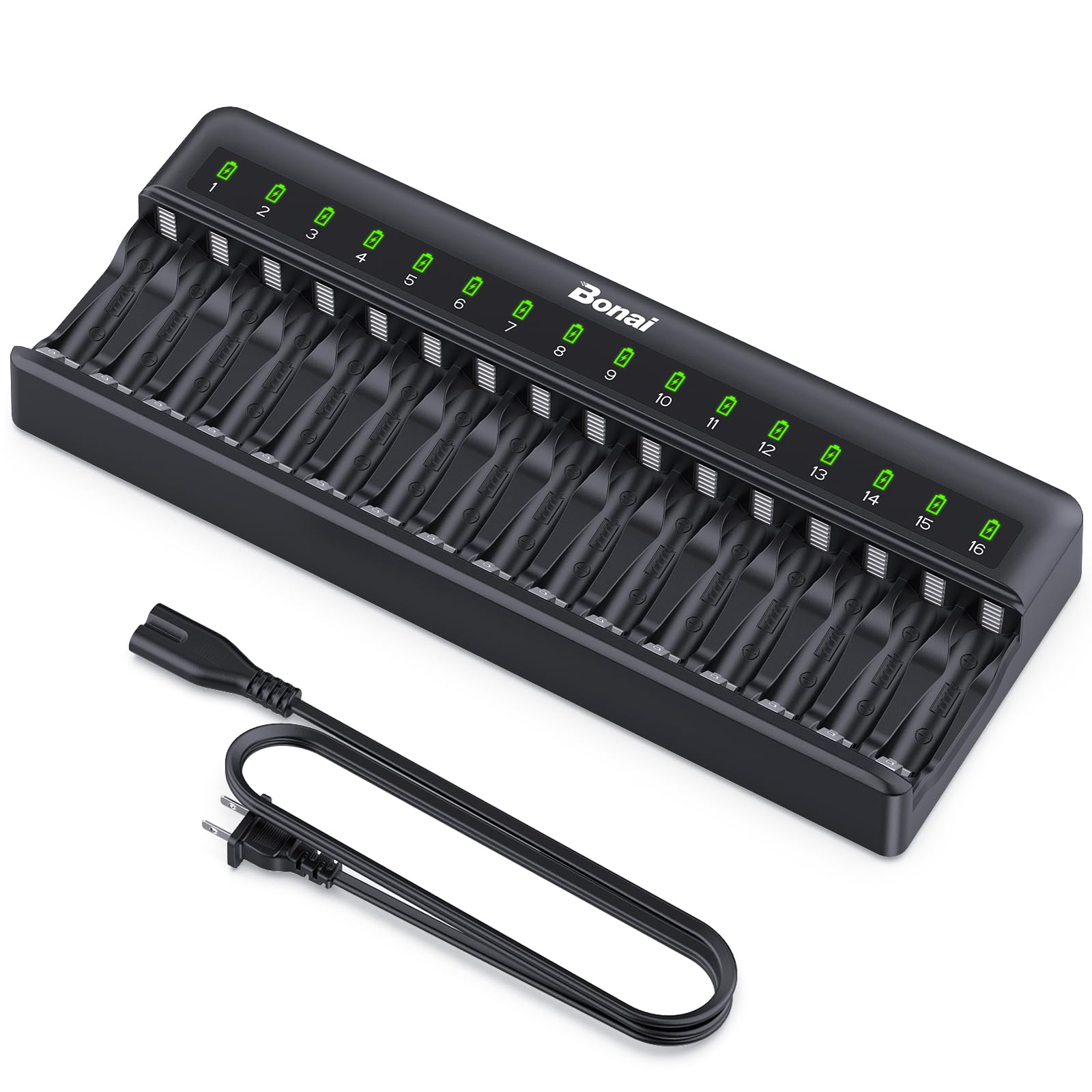 BONAI AA AAA Battery Charger 16 Bay for NiMH NiCD Rechargeable Batteries Independent Control with LED Light and Standard American AC Charging Plug, Battery not Included - Black