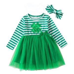 flower frail Toddler Baby Girl St. Patrick’s Day Outfit Stripe Tops Shamrock Green Mesh Dress Skirt Set with Headband 12-18M