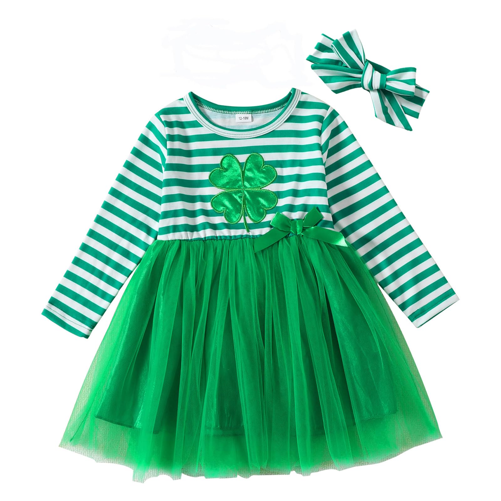 flower frail Toddler Baby Girl St. Patrick’s Day Outfit Stripe Tops Shamrock Green Mesh Dress Skirt Set with Headband 12-18M