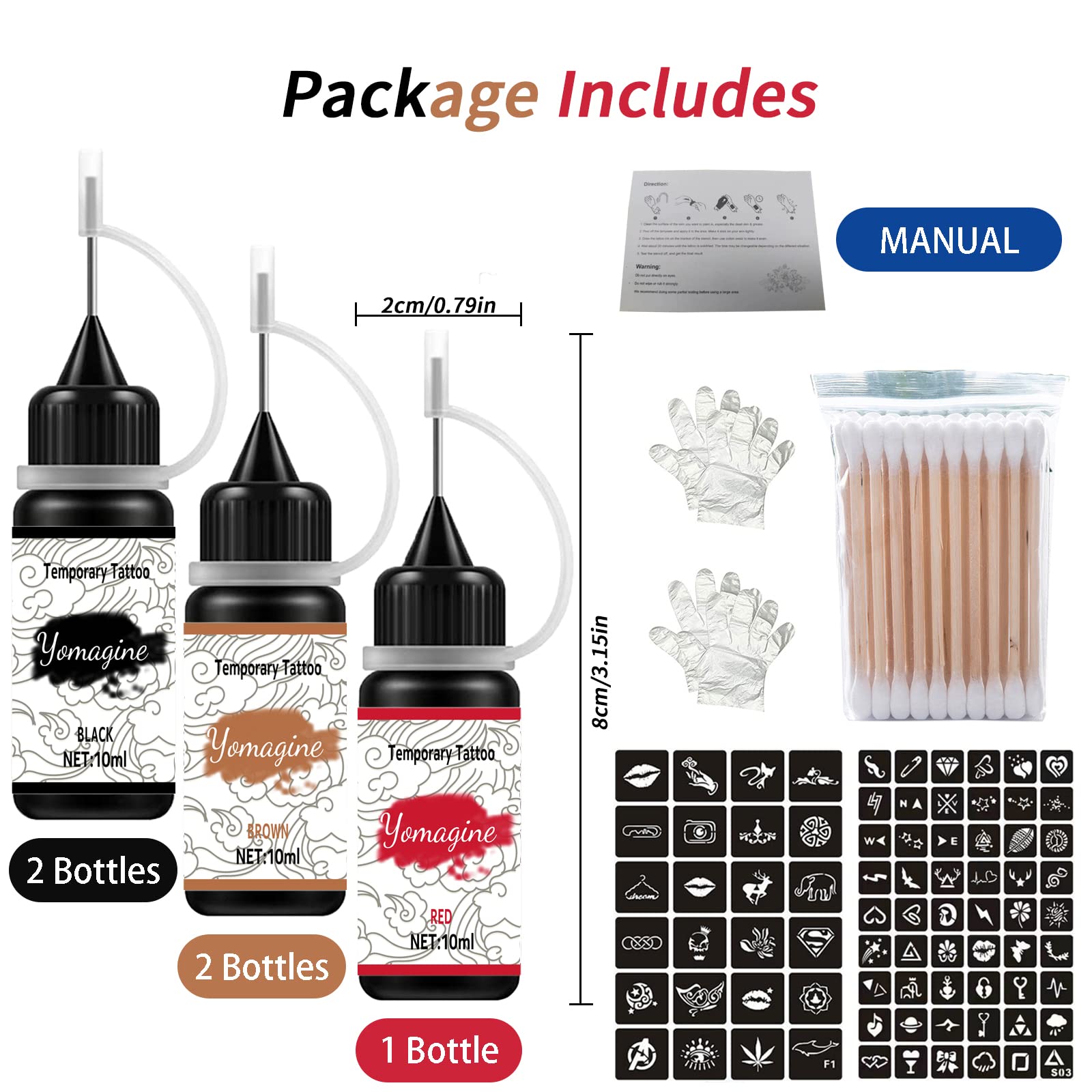 Yomagine Temporary Tattoos Kit, Semi Permanent Tattoo Ink, DIY Fake Freckles Temporary Tattoos for Women Men Kids, Summer Trend Freehand Ink with 59 Pcs Tattoo Stencils, Jagua Gel - Full Kit 5 Bottles