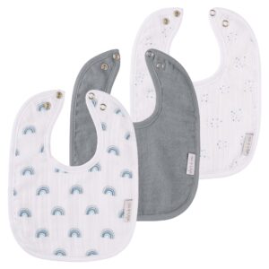 ely's & co. 100% cotton muslin bib with terry lining soft & absorbent for infants, adjustable snaps 3 pack 0-6 months