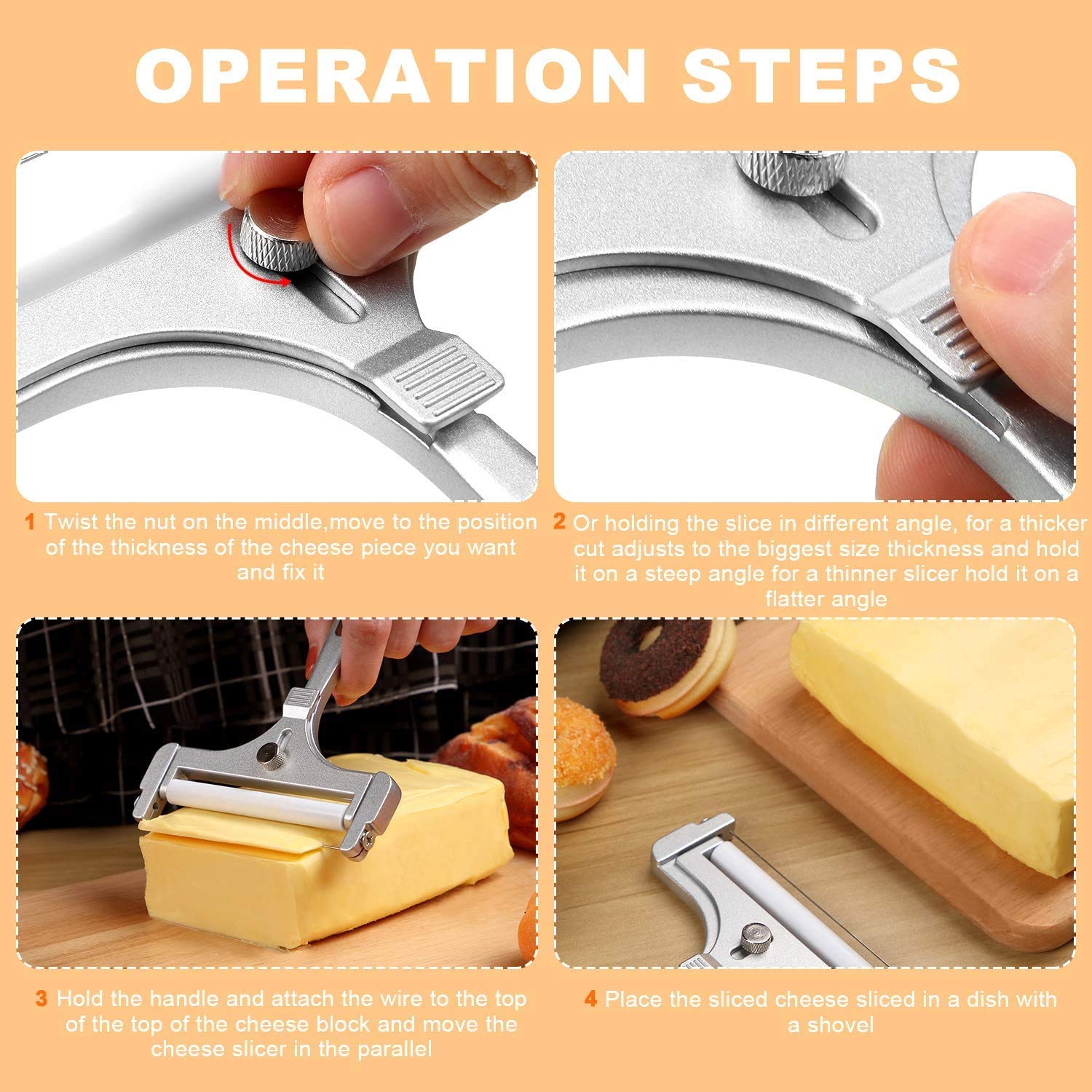 Stainless Steel Wire Cheese Slicer Adjustable Thickness Cheese Cutter for Soft, Semi-Hard Cheeses Kitchen Cooking Tool