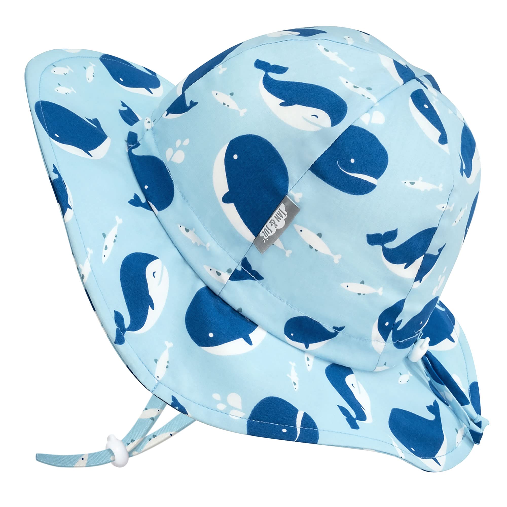 JAN & JUL Adjustable Foldable Toddler Boy UPF Sun-Hat, Breathable Cotton (M: 6-24 Months, Blue Whale)