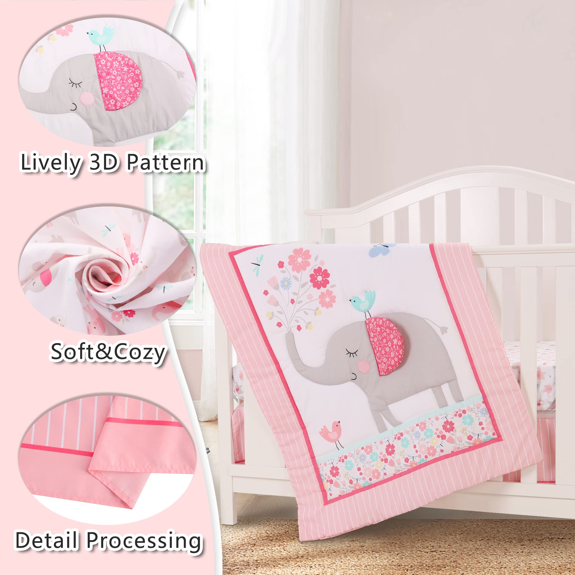 Honkaii Crib Bedding Set for Boys or Girls 3 Piece (3-Pink-Bella)