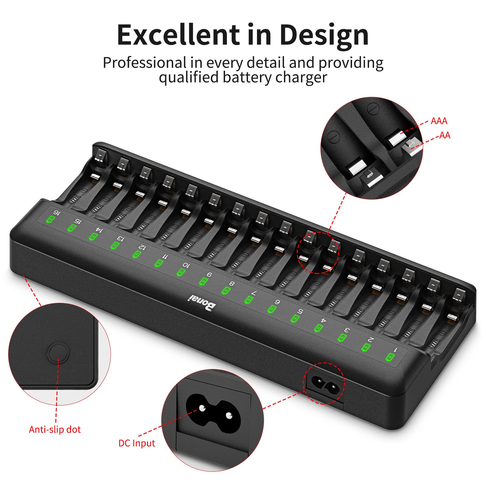 BONAI AA AAA Battery Charger 16 Bay for NiMH NiCD Rechargeable Batteries Independent Control with LED Light and Standard American AC Charging Plug, Battery not Included - Black