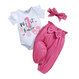 dimoybabe my first easter baby girl outfit infant clothes summer romper long pants headband 3pcs set 0-3 months pink