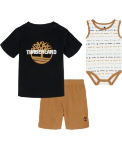 timberland baby boys 3 pieces tee, bodysuits short and toddler layette set, deep black, 3-6 months us