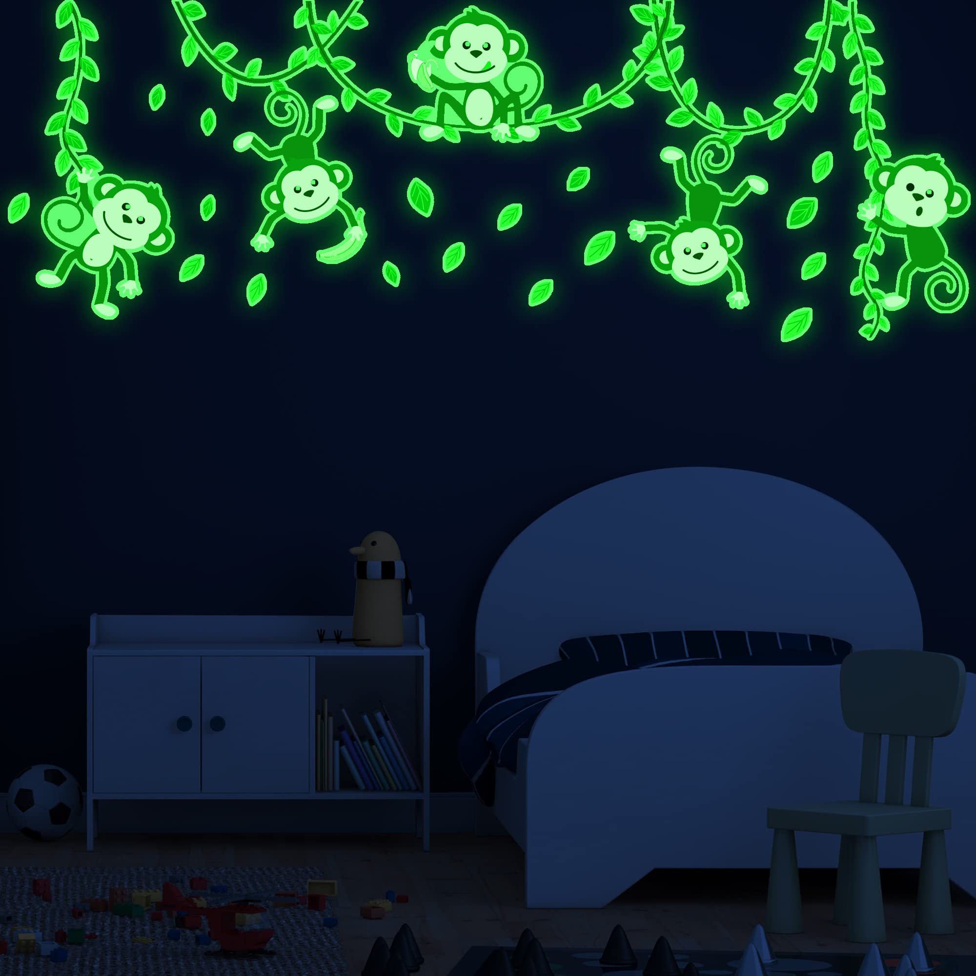 Glow in The Dark Monkey Wall Decals Jungle Tree Wall Decals Safari Removable Animals Wall Stickers Cartoon Zoo Decals Baby Nursery Kids Boys Girls Bedroom Playroom Daycare Safari Theme Wall Decor