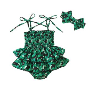 toddler baby girl summer clothes kid clover sleeveless sling ruffle layered dress+headband st. patrick's day 2pcs set (green b, 12-18 months)