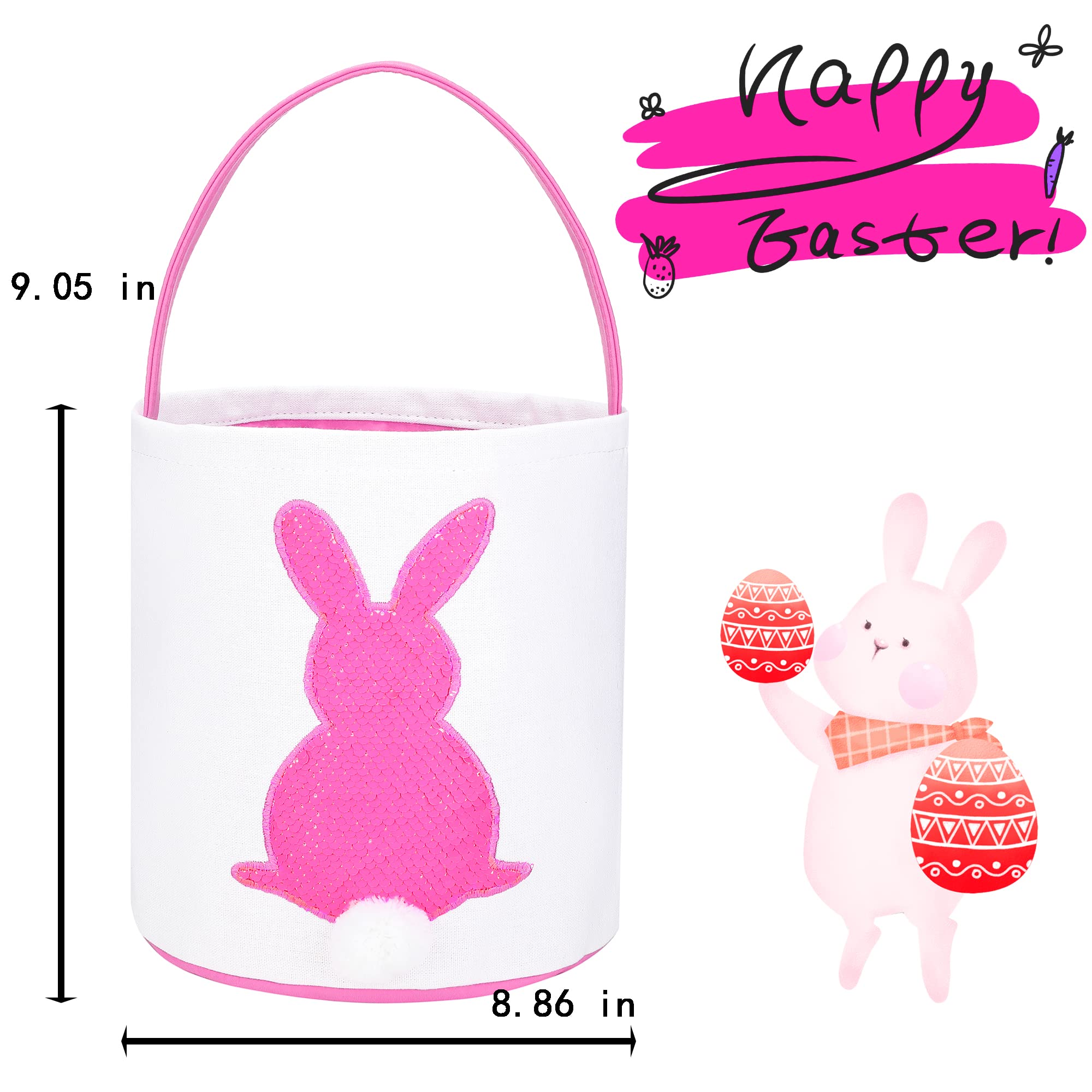 Easter Baskets for Kids - Boys and Girls Easter Egg Hunt Baskets, Cute Sequin Easter basketRabbit Bunny Printed Canvas Gift Basket for Baby, Easter Decorations Party Supplies (G-Purple and Pink)