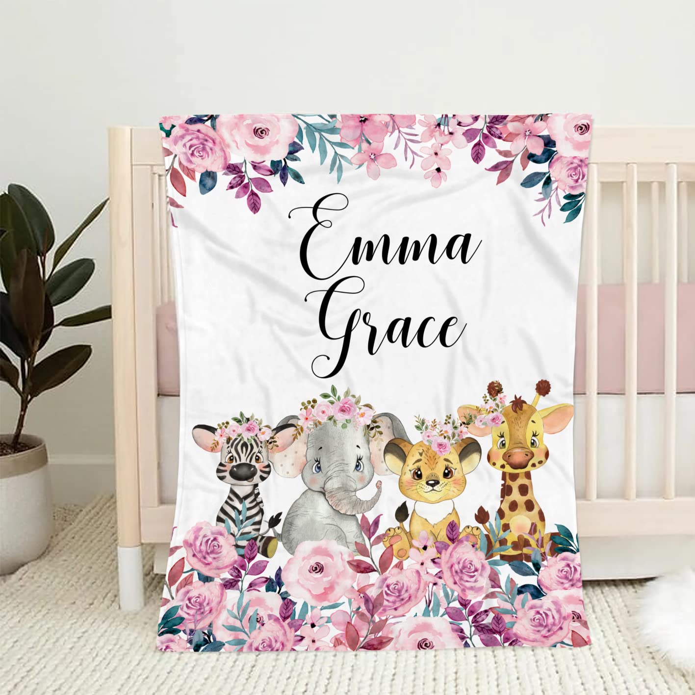 Jump Up Personalized Rose Safari Baby Blanket,Jungle Animal Baby Blanket,Baby Safari Nursery,Jungle Crib