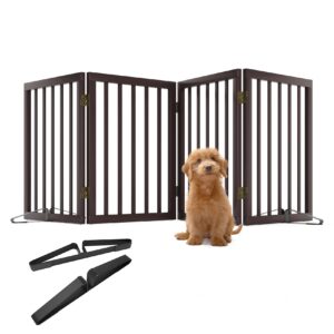 wooden dog gate foldable dog fence freestanding 4 panel pet gates freestanding folding dog gates house pet gate for dogs gate for indoors,extra wide dog gate 24in height with 2pcs support feet