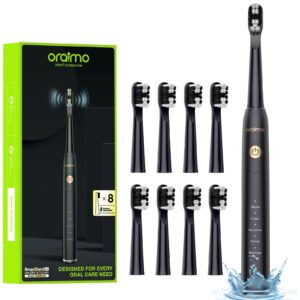 electric toothbrush for adults - oraimo rechargeable power toothbrush with 8 dupont brush heads, sonic toothbrush holder, 5 optional modes, 2 minute smart timer, 3 hours fast charge for 60 days, et1c