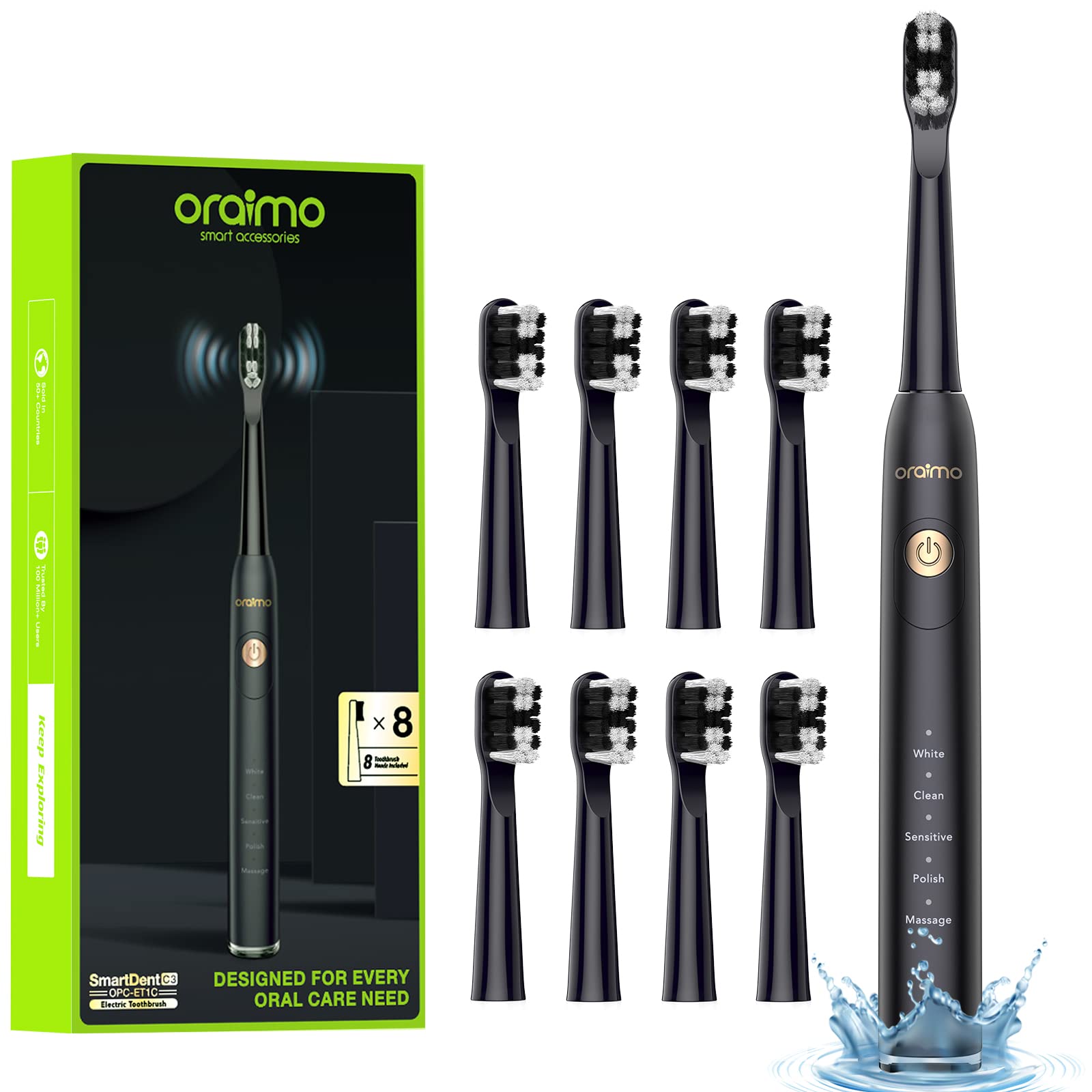 Electric Toothbrush for Adults - oraimo Rechargeable Power Toothbrush with 8 Dupont Brush Heads, Sonic Toothbrush Holder, 5 Optional Modes, 2 Minute Smart Timer, 3 Hours Fast Charge for 60 Days, ET1C