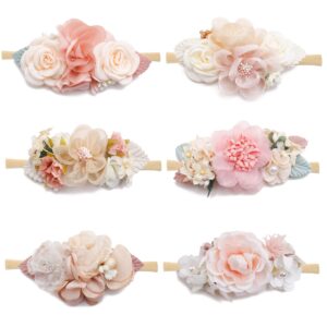 6pcs baby girl headbands flower nylon headbands elastic hair bands baby floral hair accessories for newborn infant toddlers baby birthday party (flower baby headbands-a)