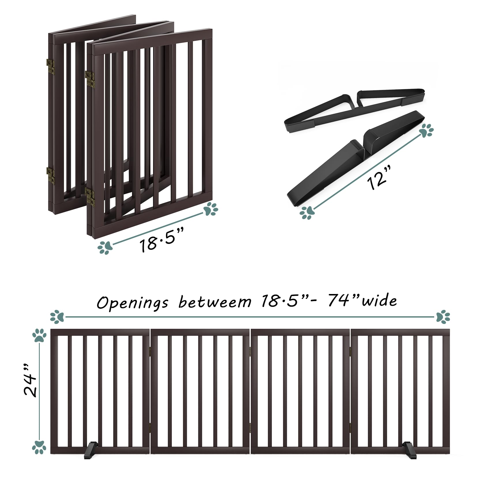 Wooden Dog Gate Foldable Dog Fence Freestanding 4 Panel Pet Gates Freestanding Folding Dog Gates House Pet Gate for Dogs Gate for Indoors,Extra Wide Dog Gate 24in Height with 2PCS Support Feet