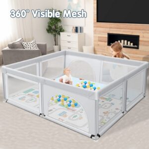 Baby Playpen with Mat, ALVOD 79''x71'' Baby Playard Baby Fence Play Area Extra Large Playpen for Babies and Toddlers, Safety Baby Playpen with Anti-Slip Base, Play Yard Kids Activity Center Home, Gray